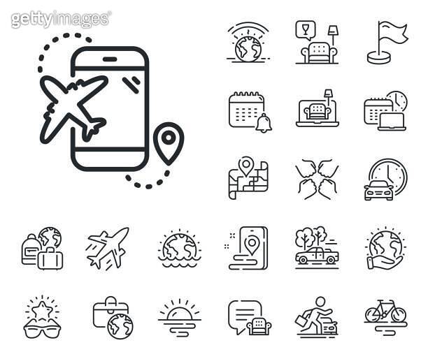 Airplane travel line icon. Trip flight destination sign. Plane jet ...