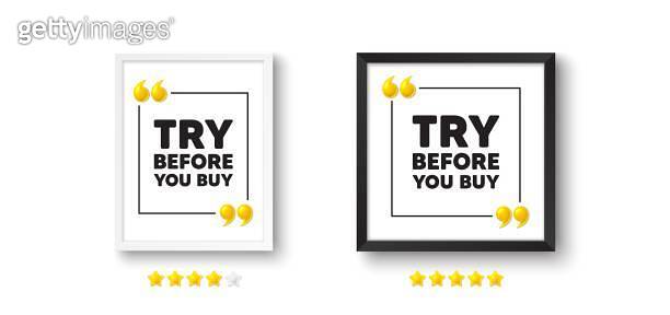 Try before you buy tag. Special offer price sign. Photo frame with 3d ...