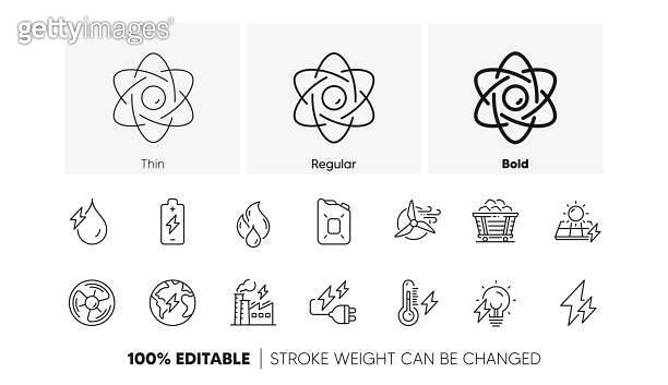 Energy types line icons. Coal Trolley, Solar Panels, Hydroelectric ...