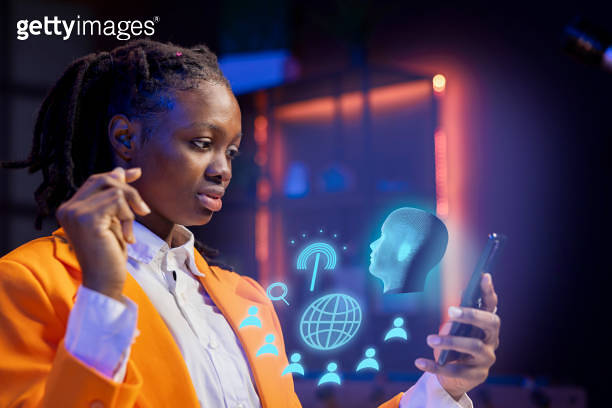 Woman at home using mobile phone, interacting with AR AI assistant 이미지 ...