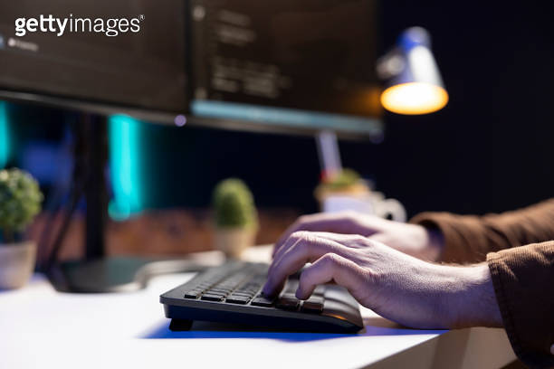 Programmer typing on keyboard, testing and debugging code, close up 이미지 ...