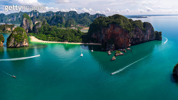 Aerial view of Ao Nang Island, Rai Lay Beach, Long Bay and passenger ...