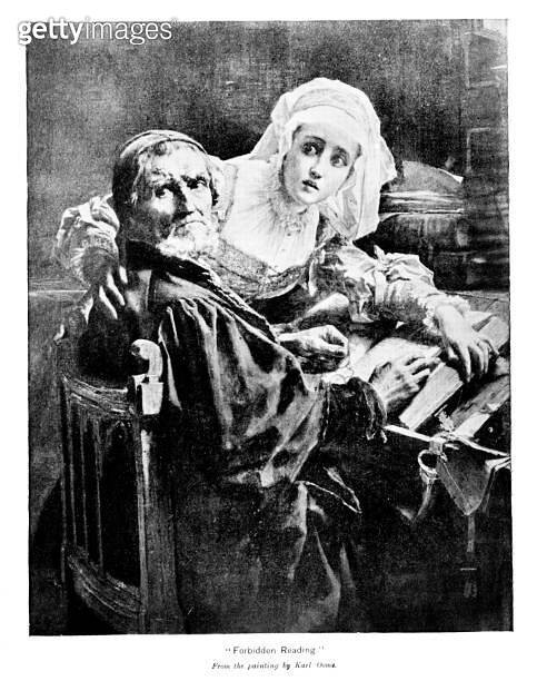 Young Woman Learns to Read from Tutor during Medieval Ages 이미지 ...