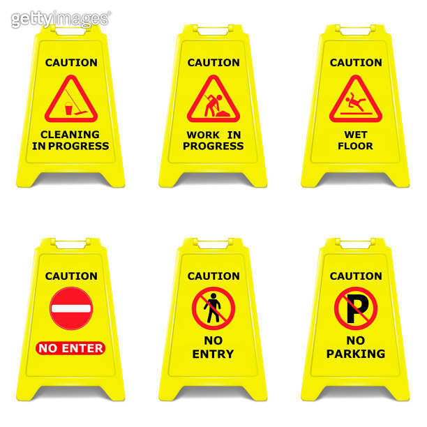 Standing caution sign board realistic vector set. Double-sided folding ...