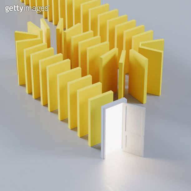 A white door Open with Lighting arranged be hide yellow box in the back ...