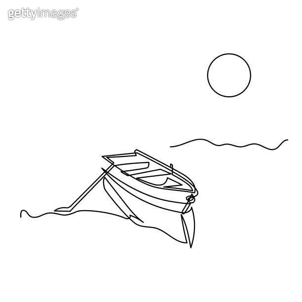 Fishing boats and boats at the pier on the shore. Continuous line ...