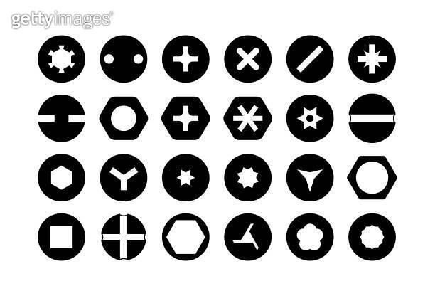 Set of metal screw heads. Stainless steel bolts. Silver nails and ...