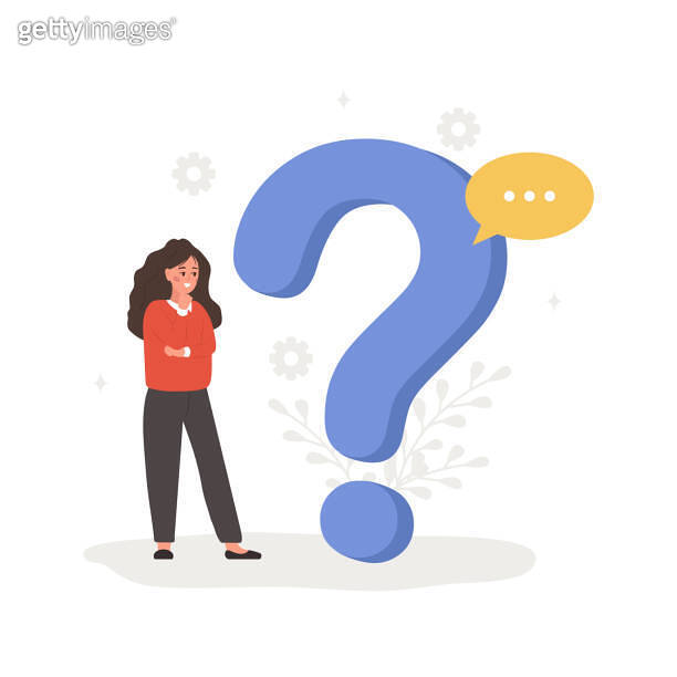 Frequently asked questions concept. Woman with large question mark search for answers. Customer ...
