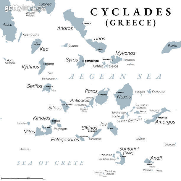 Cyclades, group of Greek islands in the Aegean Sea, gray political map ...