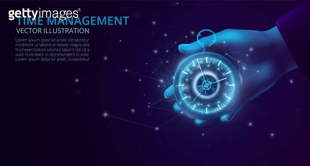 Digital clock. Low poly watch. Time management. Clockwork technology ...