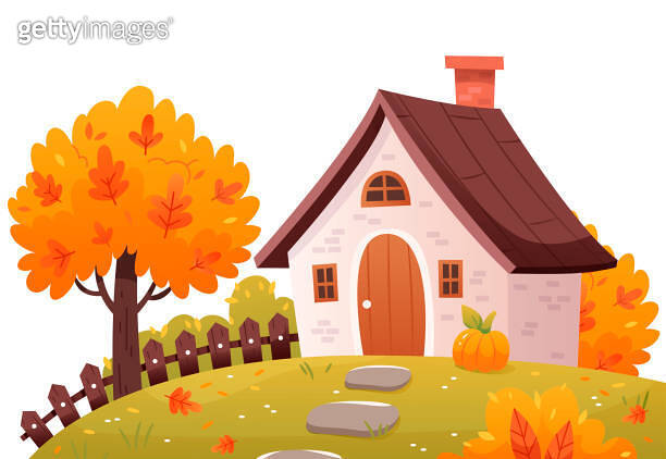 Cute autumn house.Fall season landscape, countryside scenery, autumn ...