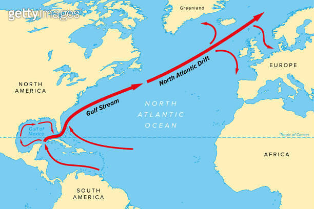 Map of the Gulf Stream with its northern extension North Atlantic Drift ...