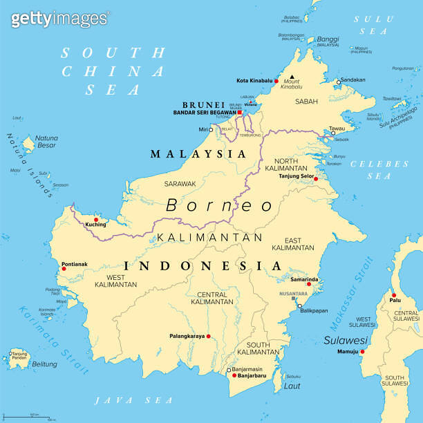 Borneo, divided among Malaysia, Brunei and Indonesia, political map ...