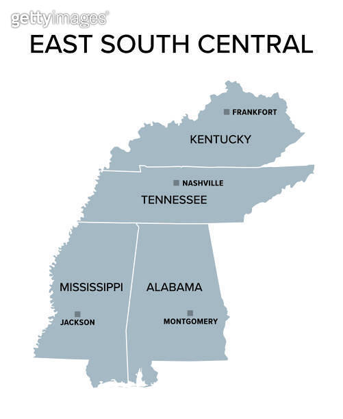 East South Central states in the South region of the USA, gray ...