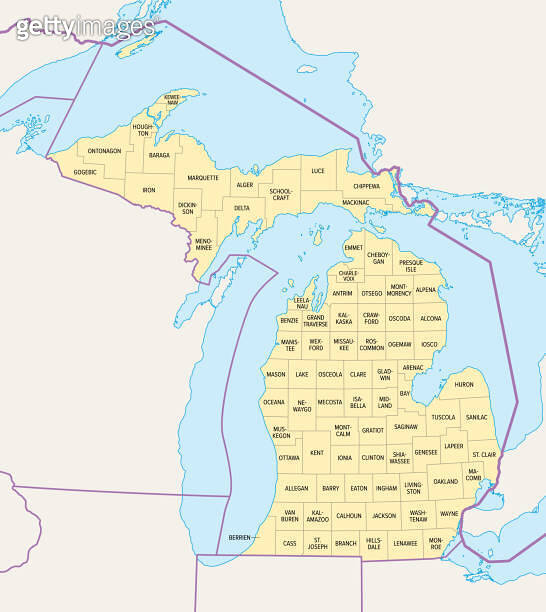 U.S. state of Michigan, subdivided into 83 counties, gray political map ...