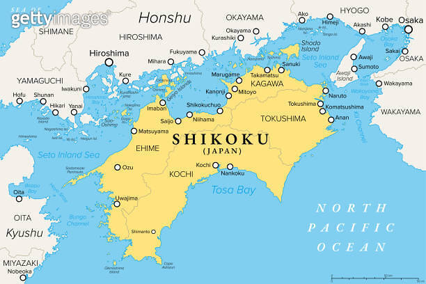 Shikoku island and region in Japan with prefectures, political map ...
