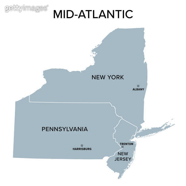 Mid-Atlantic states in the Northeast region of USA, gray political map ...