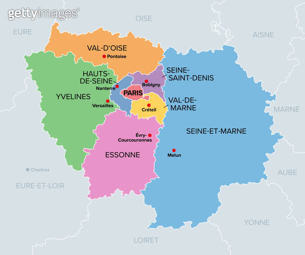 Ile-de-France, departments and prefectures of Paris Region, colored map ...