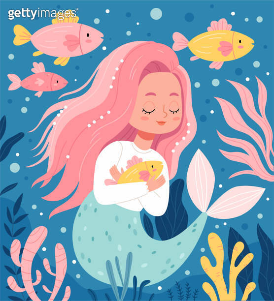 A mermaid with pink hair hugs a goldfish.corals, marine collection ...