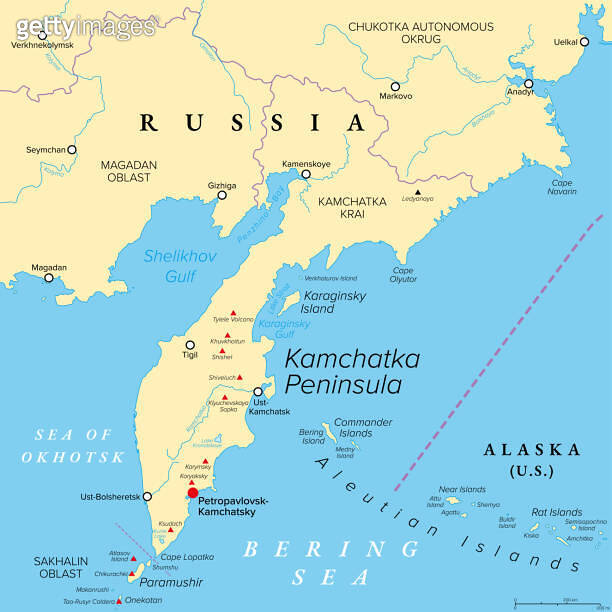 Kamchatka Peninsula, and Kamchatka Krai, Russia, political map 이미지 ...