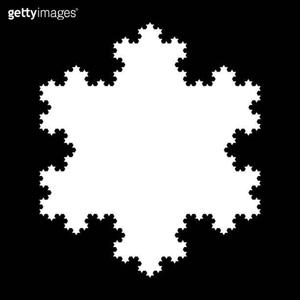 White Koch snowflake, a fractal curve, fifth iteration, over black ...