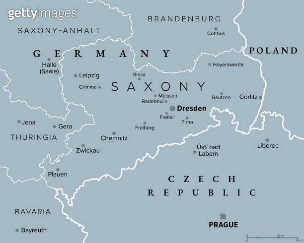 Saxony, a state in Germany, gray political map with capital Dresden 이미지 ...