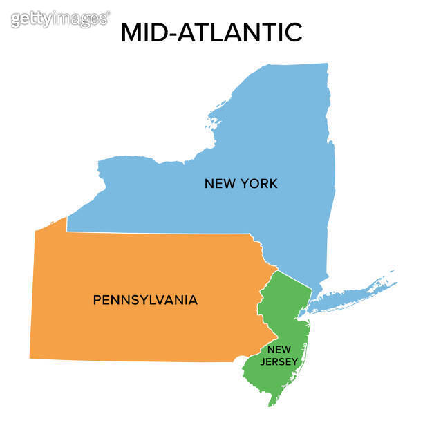 Mid-Atlantic states in the Northeast region of USA, colored political ...