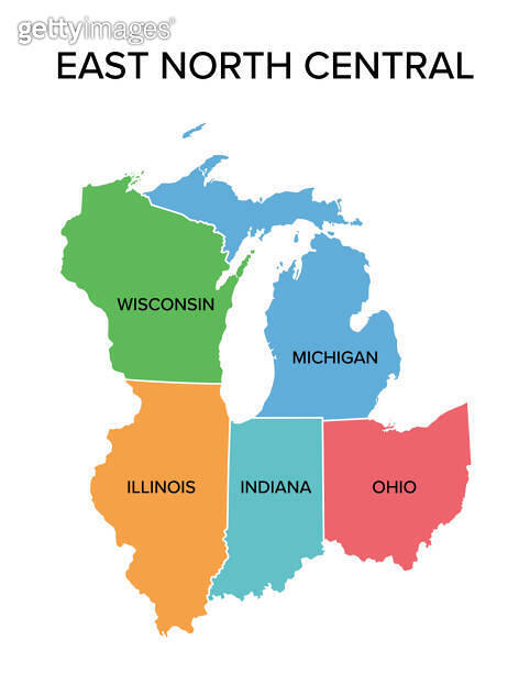 East North Central states in the Midwest region of USA, colored ...