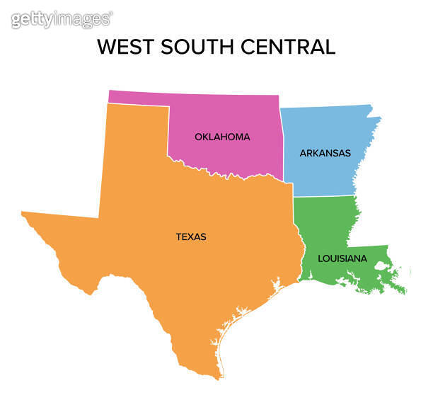 West South Central states in the South region of the USA, colored ...
