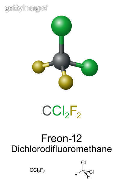 Freon-12, Dichlorodifluoromethane, molecule model and chemical formula ...