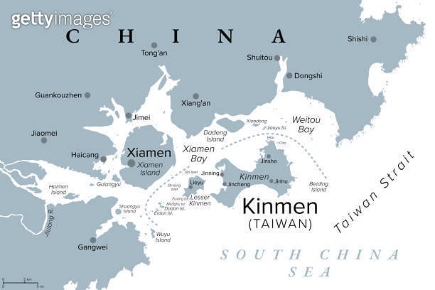Kinmen, or Quemoy, island group governed by Taiwan, gray political map ...
