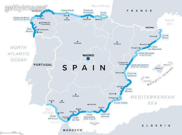 Coasts of Spain, Spanish Riviera beaches and coastlines, political map ...