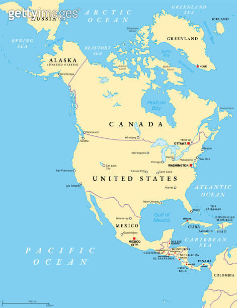 North America, continent, political map of Canada, United States, and ...
