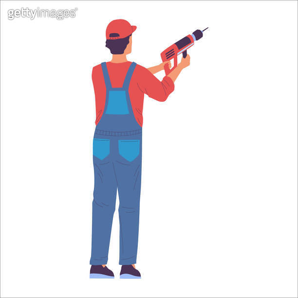 Home repair. Cartoon worker making renovation. Builder drilling wall ...