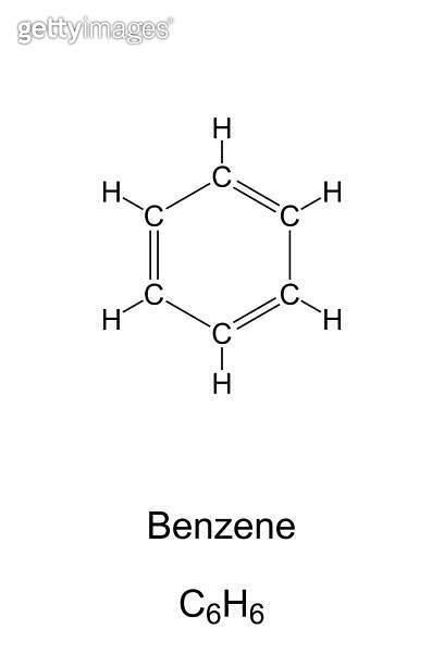 Benzene, C6H6, a hydrocarbon, chemical formula and skeletal structure ...