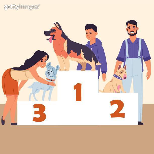 Dog owners. Canine exhibition. Award ceremony. Winners pedestal ...