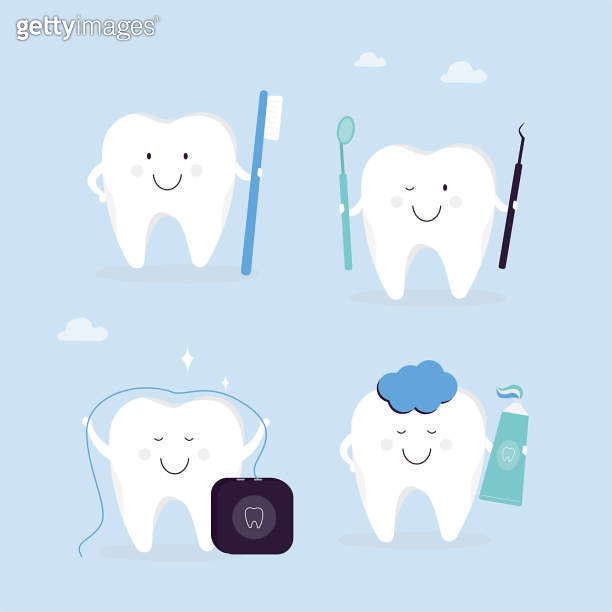 Cartoon teeth care and hygiene concept. Happy teeth with floss ...
