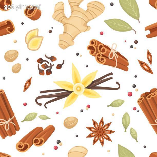 Cartoon dry spices seamless pattern. Fragrant seasonings for desserts ...