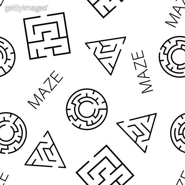 Seamless pattern of labyrinth outline icons. line black labyrinth signs, simple elements ...