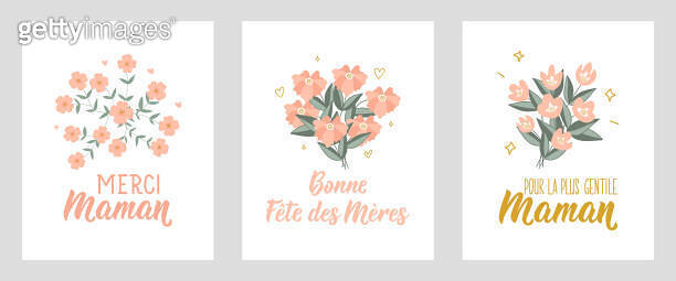 Set of Mother's Day cards. Text in French - Happy Mother's Day, Thank ...
