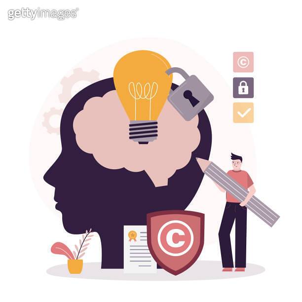 Light bulb locked big padlock. Copyright symbol near author human head ...