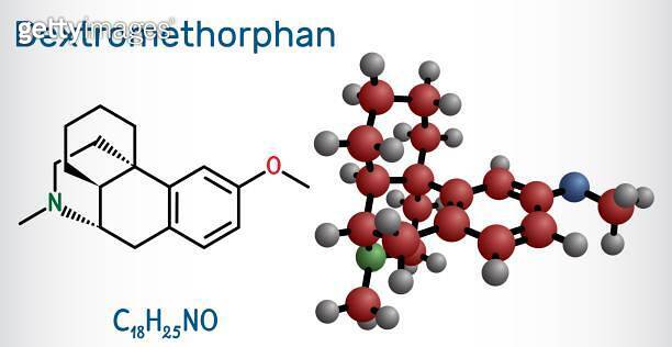 Dextromethorphan (DXM) molecule. Antitussive drug. Structural chemical ...