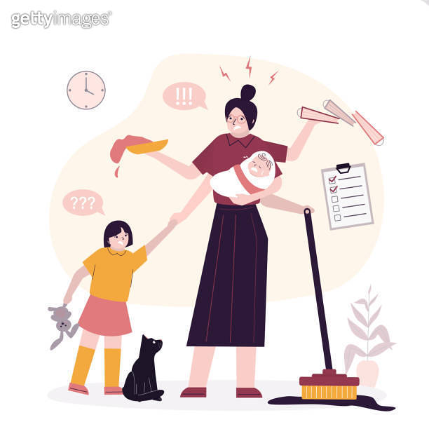 Multitasking mother with children and housework. Woman with newborn ...
