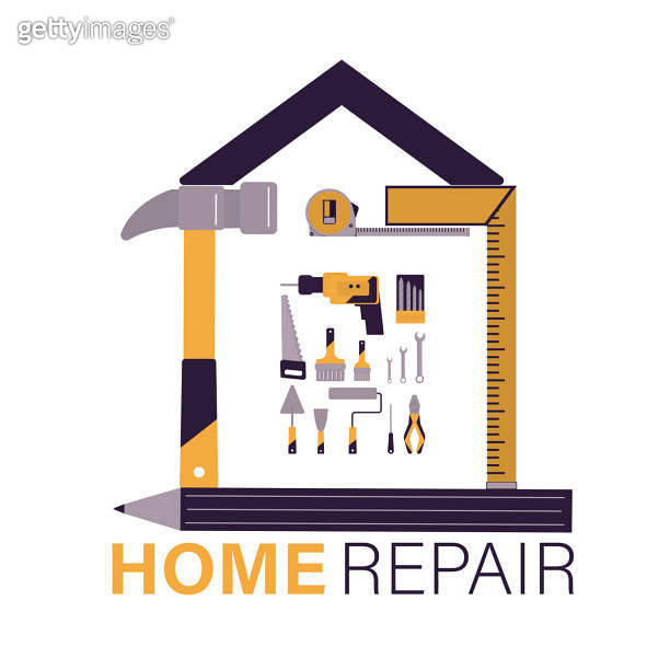 Home repair, silhouette of house from workman's toolkit. Set building ...