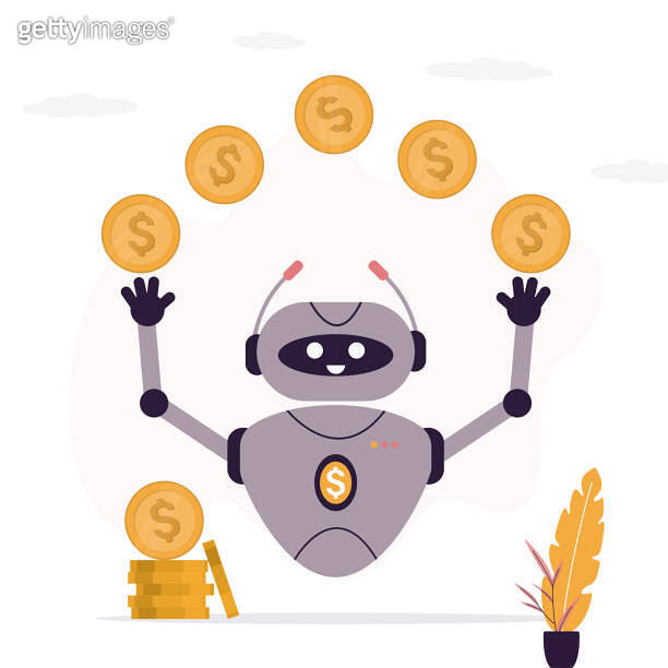 Trading robot juggles golden coins with dollar symbol. Cute robot makes ...