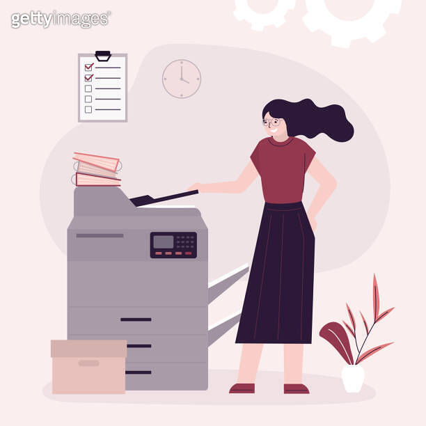 Woman office worker uses copy machine to scan document. Young girl ...