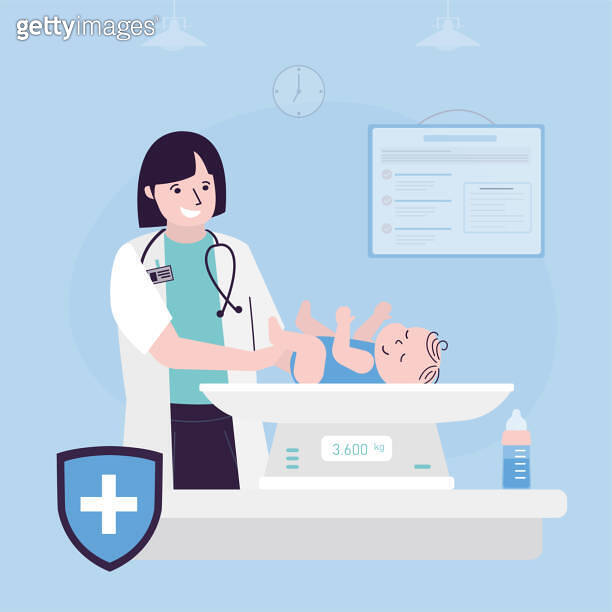 Cute child lies on the scales for weighing babies. Pediatrician weighs ...