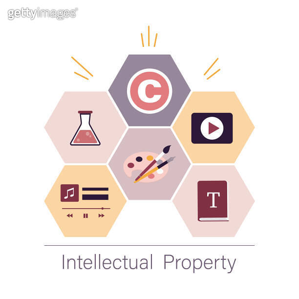 Copyright symbol and various media content icons. Concept of ...