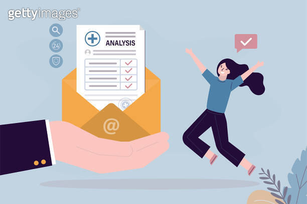 Happy woman received good medical test results by email. Confirmation ...