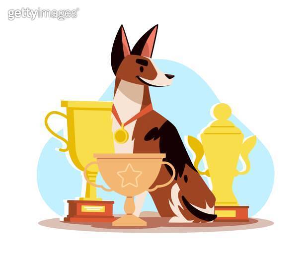 Winning dog with medal and cups. Animal competition. Competition reward ...